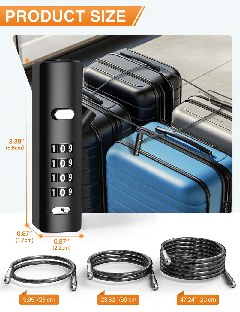 Portable Cable Lock, Small Combination Rope Lock, with 3 Replaceable S ...