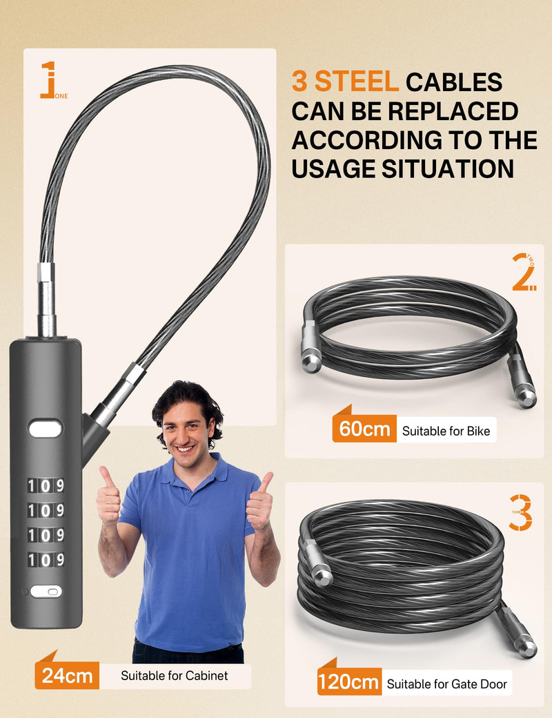 Portable Cable Lock, Small Combination Rope Lock, with 3 Replaceable S ...